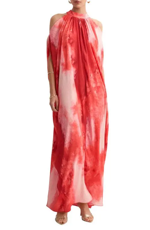 Mango Print Cold Shoulder Maxi Dress - Red
