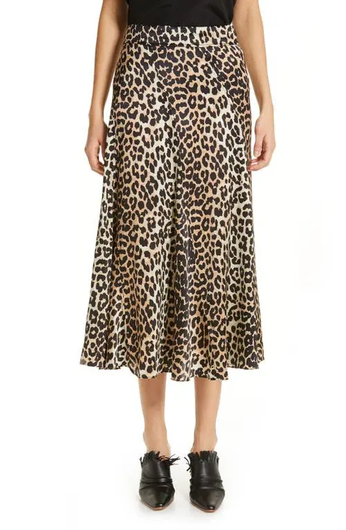 GANNI Print Stretch Silk Satin Midi Skirt - Leopard