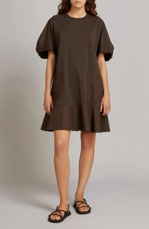 MM BY MAX MARA Onore Puff Sleeve Ruffle Hem Mixed Media Shift Dress - Dark Brown