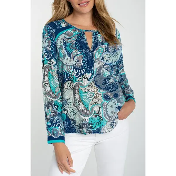 LIVERPOOL Print Keyhole Top - Aqua Blue