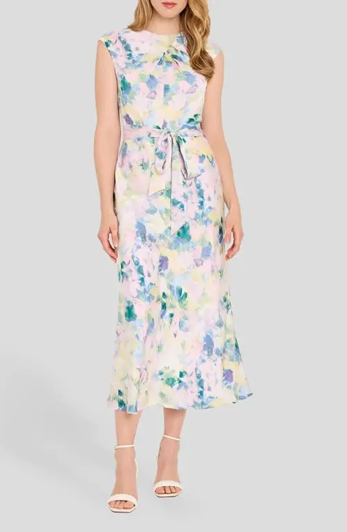 TAHARI ASL Abstract Print Cross Neck Sleeveless Midi Dress - Blush Buttercup