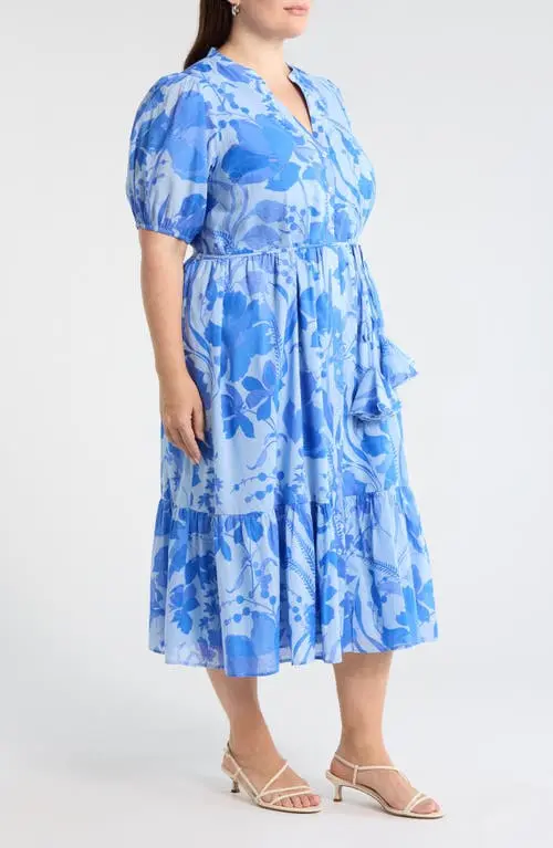 SUGARLIPS Beth Floral Button-up Tiered Shirtdress - Light-blue-multi