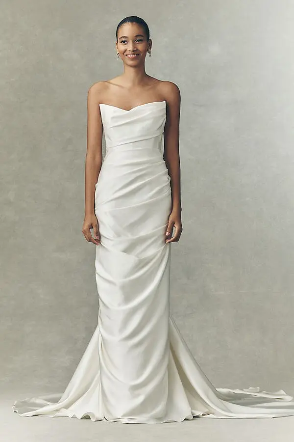 Watters Delphium Strapless Ruched Column Wedding Gown