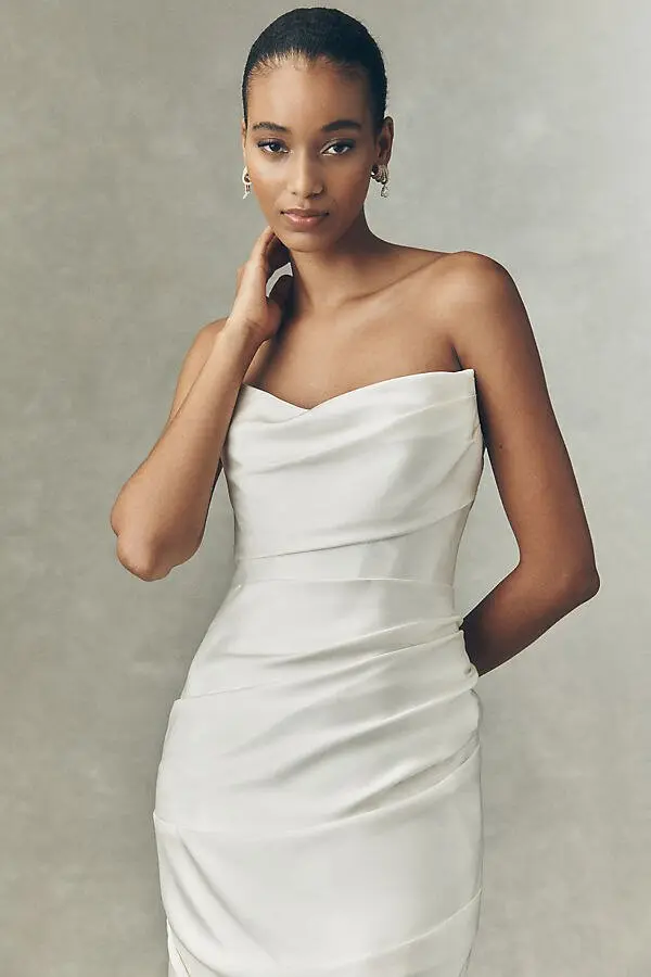 Watters Delphium Strapless Ruched Column Wedding Gown