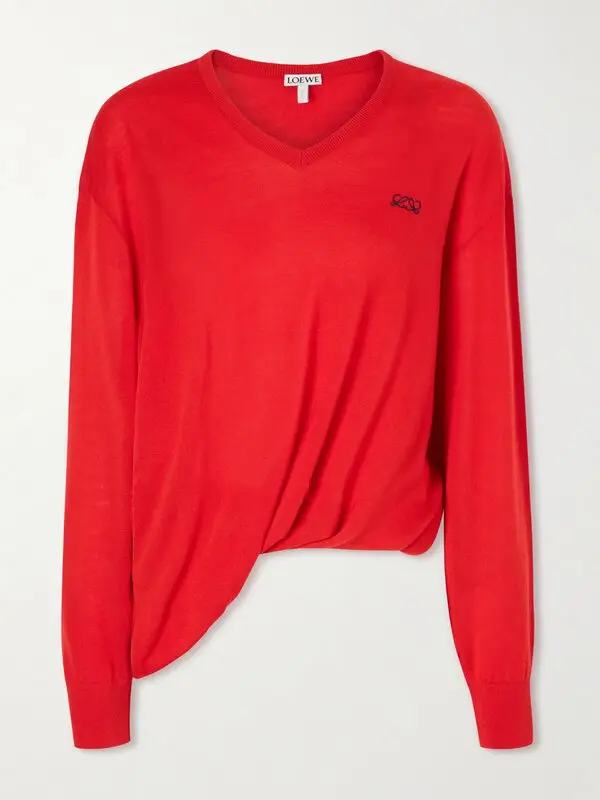 Loewe Asymmetric Draped Embroidered Wool-blend Sweater - Red