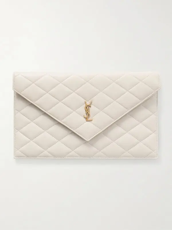Saint Laurent Matelassé Leather Clutch - Neutrals