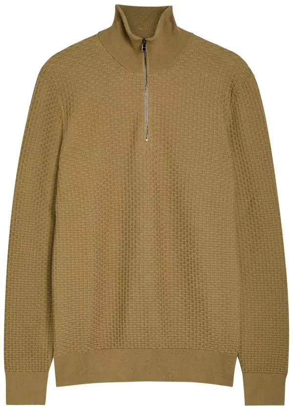 BOSS Textured Half-zip Cotton Jumper - Khaki