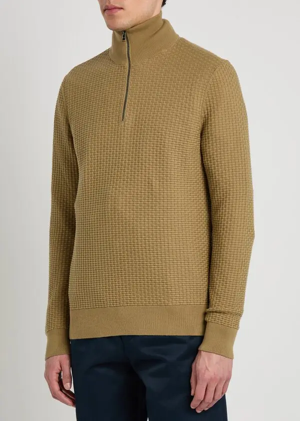 BOSS Textured Half-zip Cotton Jumper - Khaki