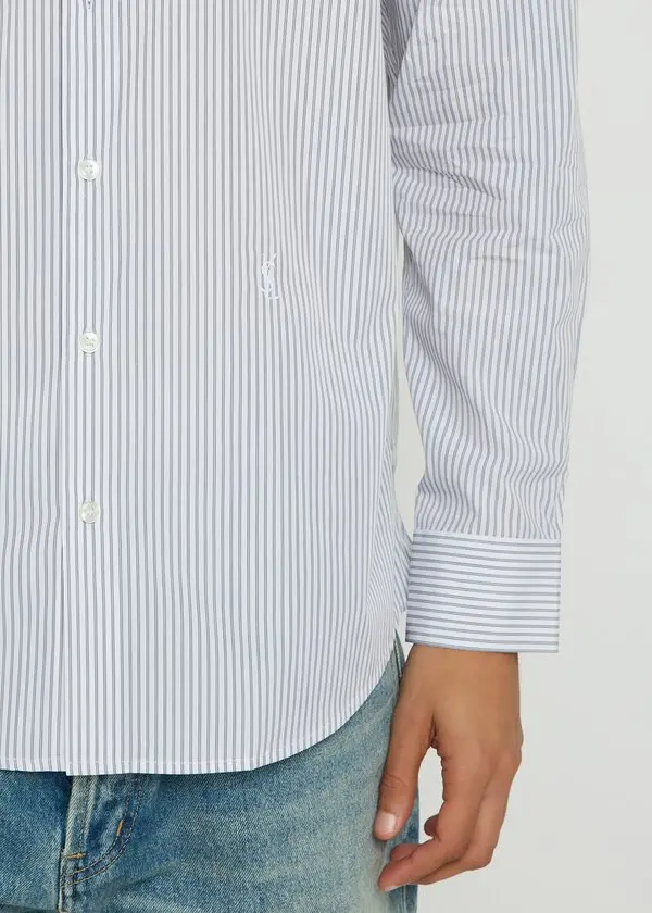 Saint Laurent Logo-embroidered Striped Cotton-poplin Shirt - Grey