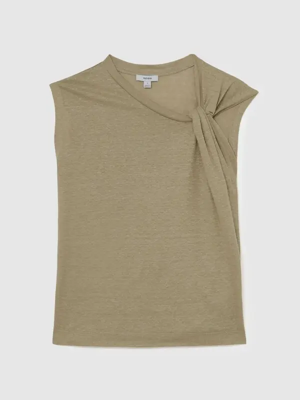REISS Linen Twist-detail T-shirt - Green