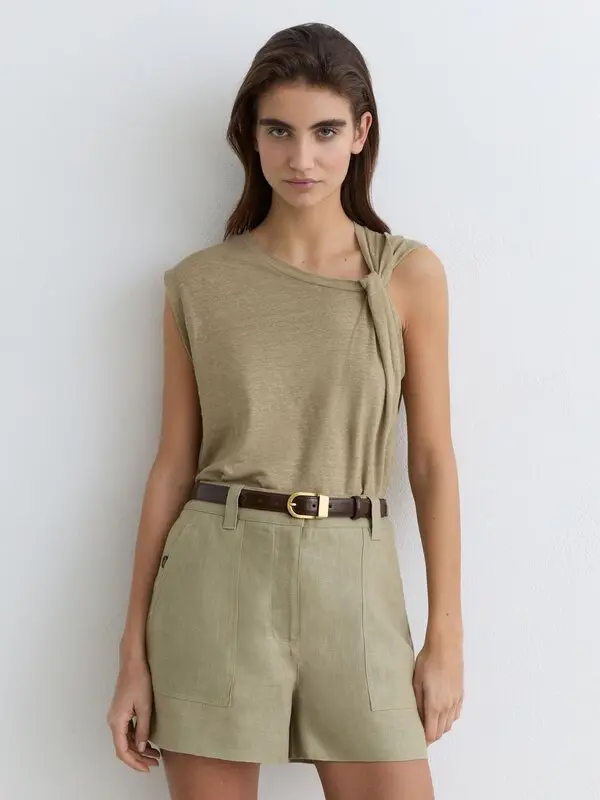 REISS Linen Twist-detail T-shirt - Green