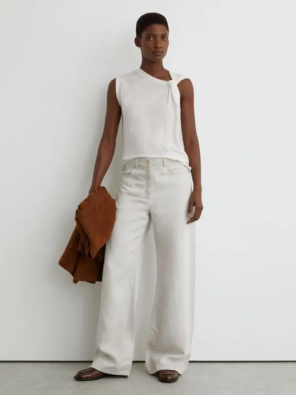 REISS Linen Twist-detail T-shirt - White