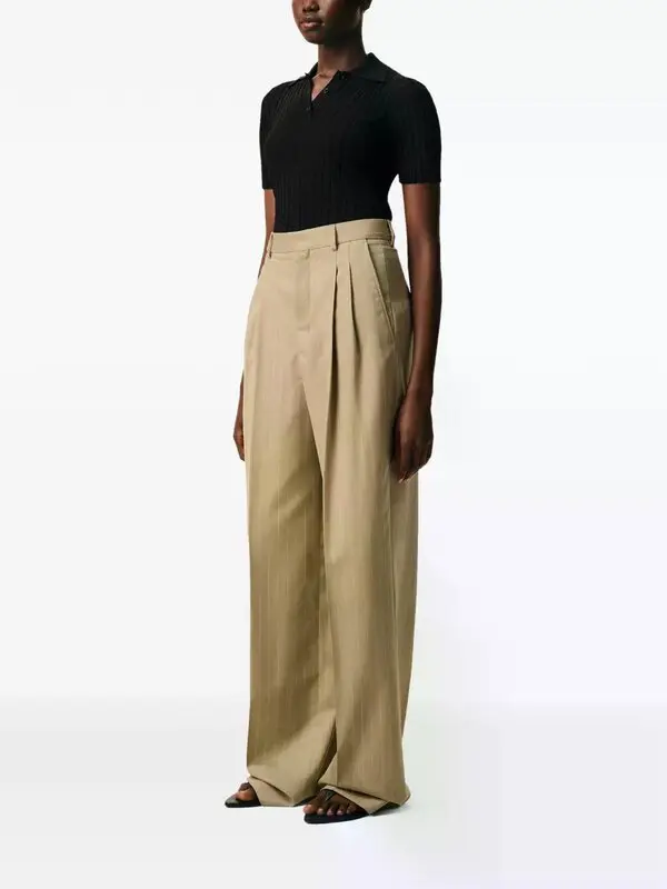 AMI Paris High Waist Wide Leg Striped Wool Gabardine Trousers - Neutrals