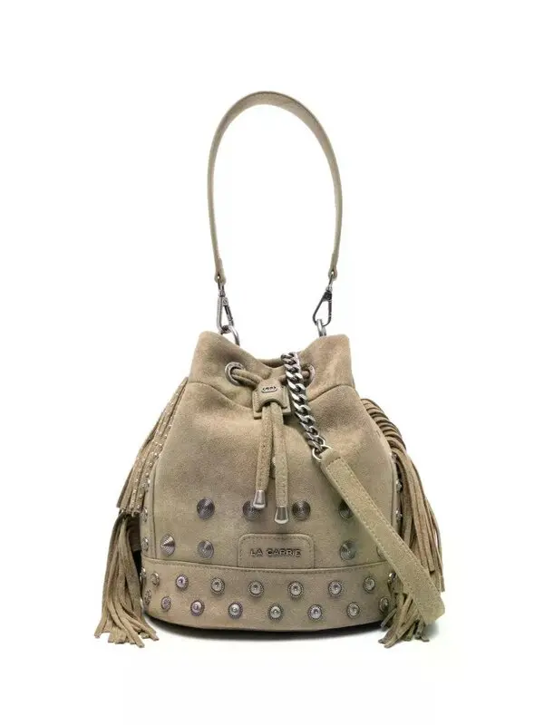 LA CARRIE Fringed Studded Leather Bucket Bag - Neutrals