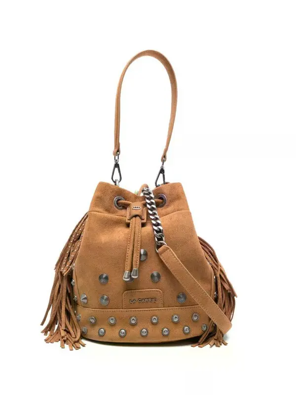 LA CARRIE Fringed Studded Bucket Bag - Neutrals