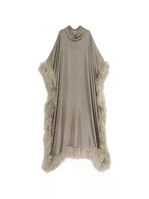 Gucci Printed Silk Maxi Dress With Feather Trim - Neutrals