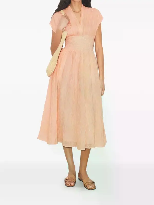 Tory Burch V-neck Fit And Flare Linen-blend Midi Dress - Pink
