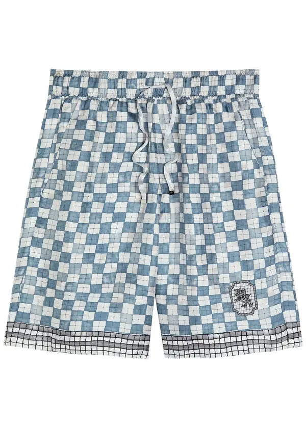Amiri Chateau Crest Checked Silk Shorts - Steel