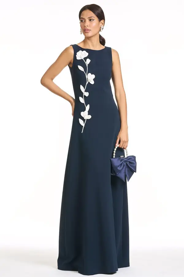 Sachin & Babi Denee Floral Applique Crepe Gown - Midnight