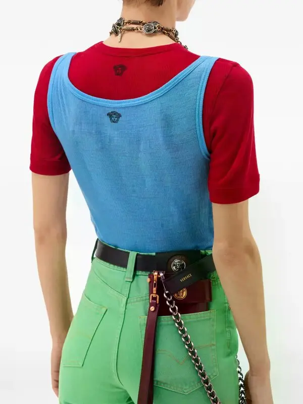 Versace Ribbed Knit Round Neck Sleeveless Tank Top - Blue