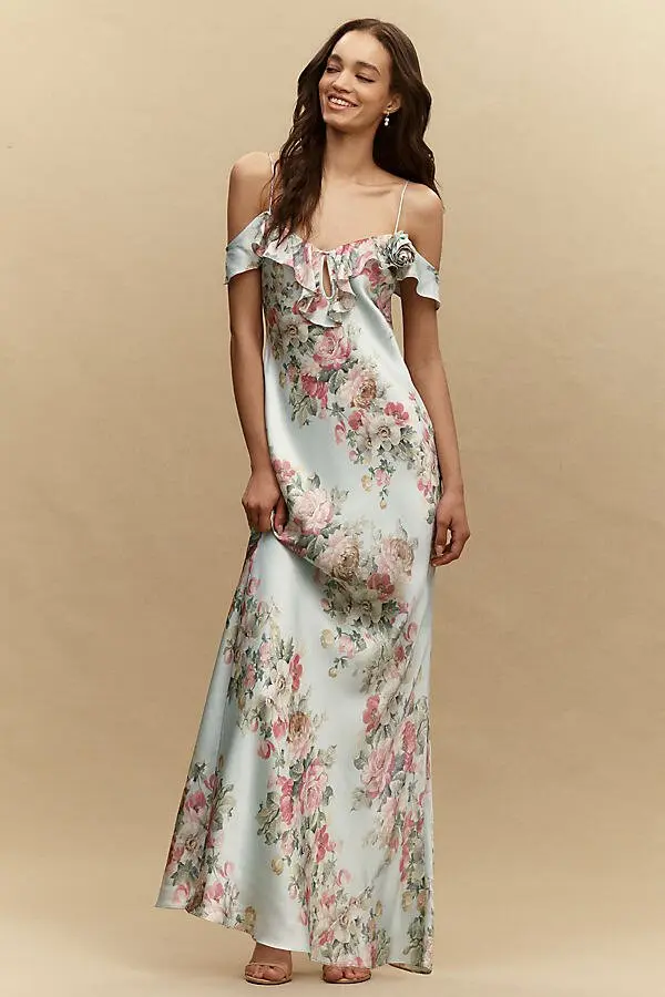 Bhldn Aria Ruffle Maxi Slip Dress - Cascading Crystal Bloom