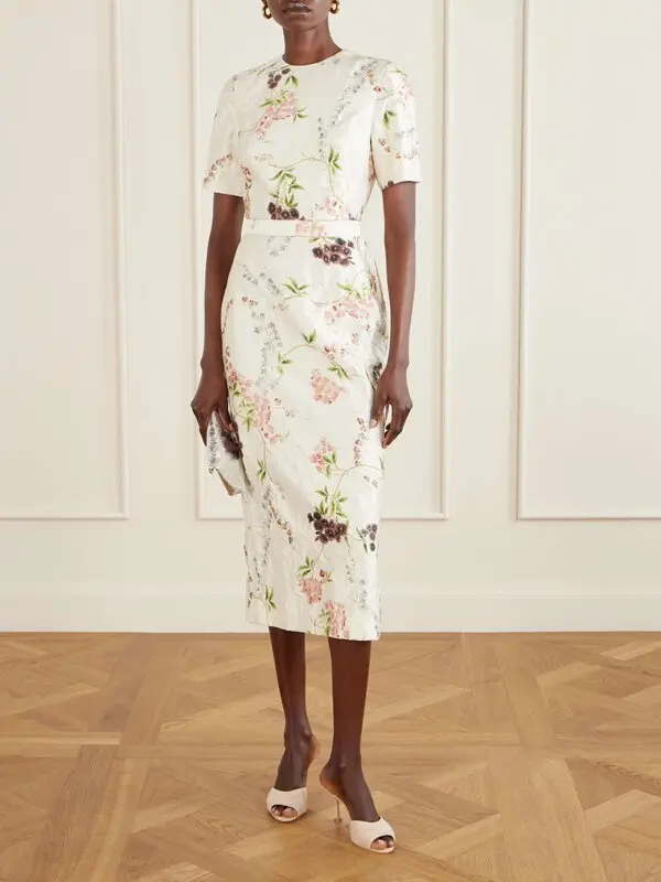 Erdem Belted Floral-print Crinkled Satin Midi Dress