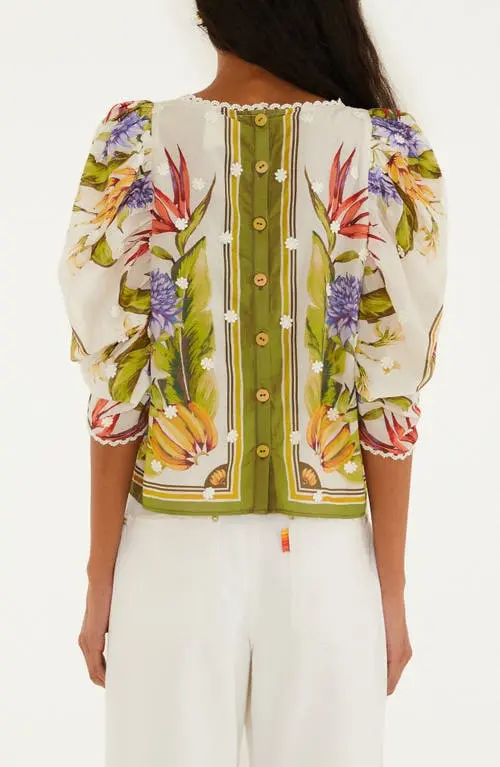 Farm Rio Tropical Print Cotton Top With Lace Trim