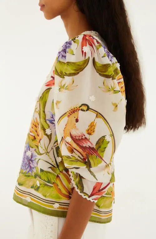 Farm Rio Tropical Print Cotton Top With Lace Trim