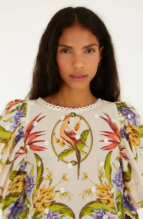 Farm Rio Tropical Print Cotton Top With Lace Trim
