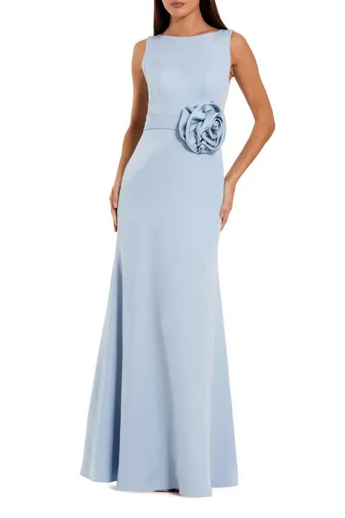 Mac Duggal High Neck Sleeveless Crepe A-line Gown With Floral Detail - Periwinkle
