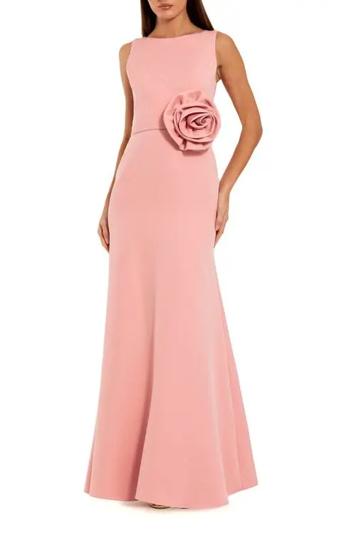 Mac Duggal High Neck Sleeveless Crepe A-line Gown With Floral Detail - Rose