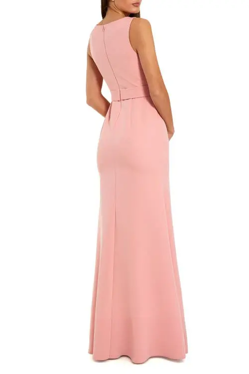 Mac Duggal High Neck Sleeveless Crepe A-line Gown With Floral Detail