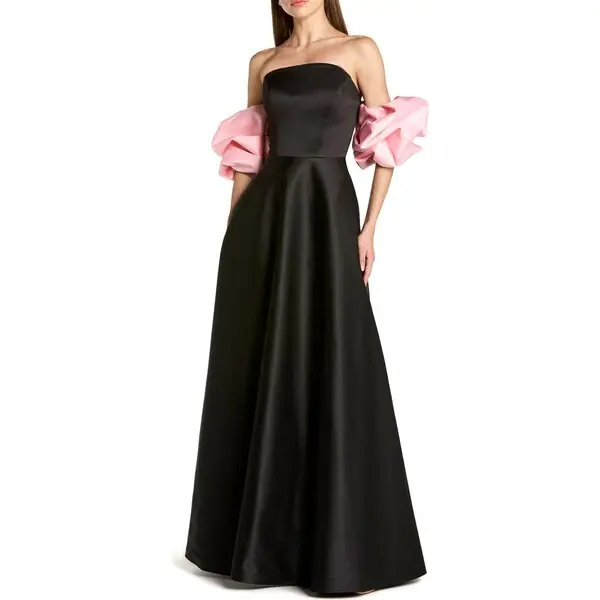 Mac Duggal Satin Off-the-shoulder Ball Gown With Puff Sleeves - Black Pink