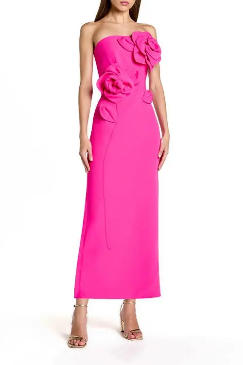 Mac Duggal Crepe Strapless Midi Dress With 3d Flower Detail - Hot Pink