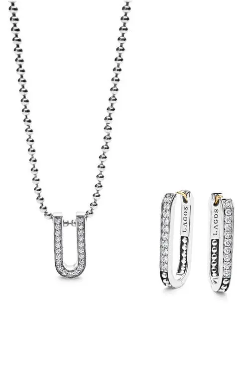 Lagos Caviar Spark Diamond Pendant Necklace & Hoop Earrings Set - Silver
