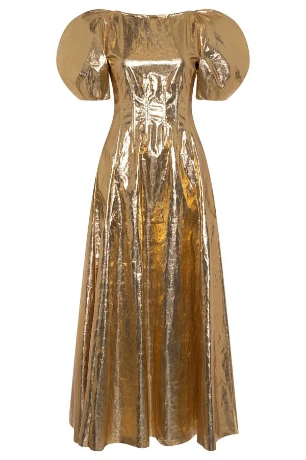 Gabriela Hearst Ranya Puff Sleeve Maxi Dress In Metallic Linen Twill - Gold