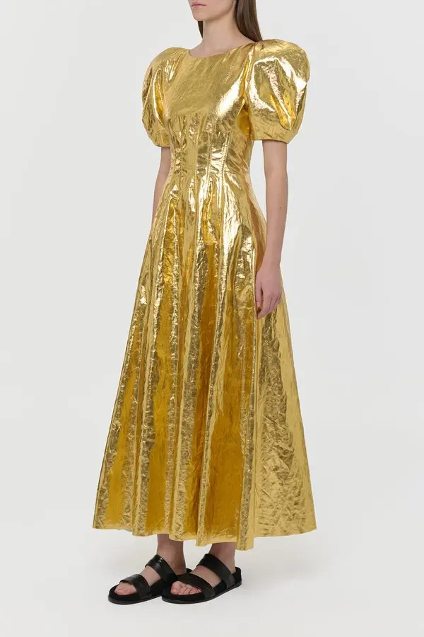 gabriela hearst gold dress Ranya Puff Sleeve Maxi In Metallic Linen Twill Size_4 years