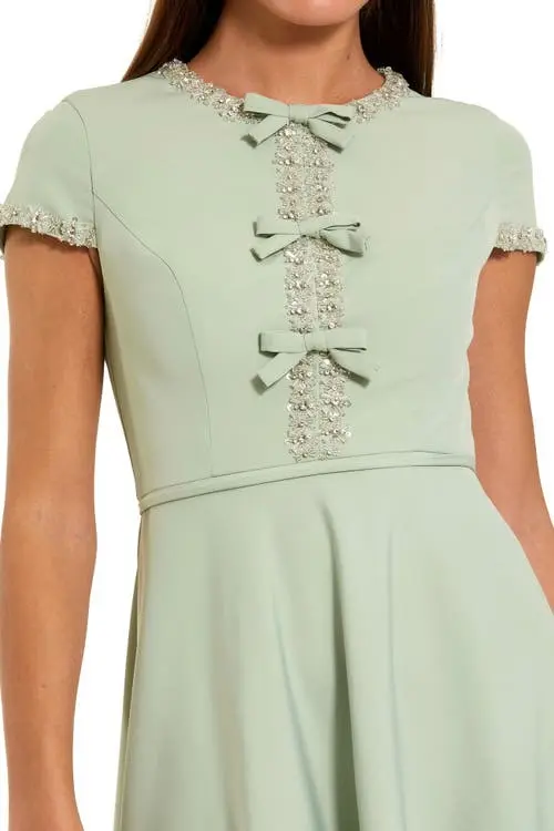Mac Duggal Crepe Midi Dress With Rhinestone Beading And Bow Detailing