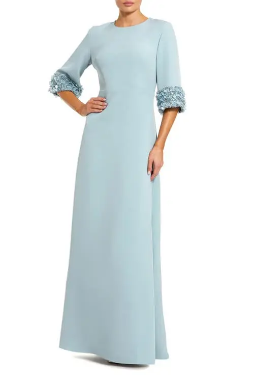 Mac Duggal A-line Crepe Gown With Embellished 3/4 Sleeves - French Blue
