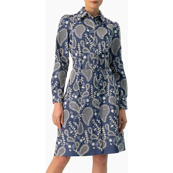 IVONNE Long Sleeve A-line Dress With Floral Embroidery - Blue