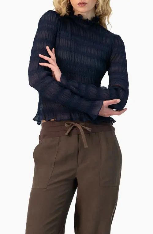 IVONNE High Neck Long Sleeve Blouse - Navy Blue