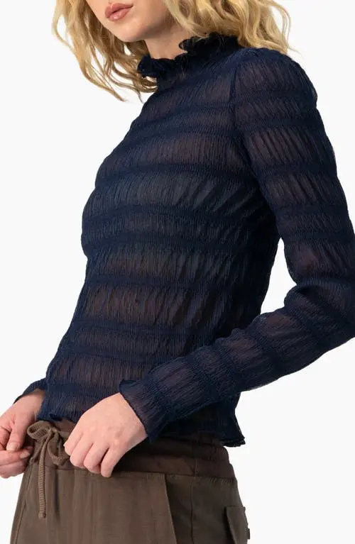 IVONNE High Neck Long Sleeve Blouse - Navy Blue