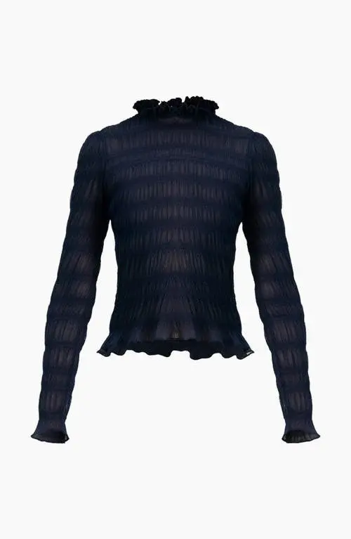 IVONNE High Neck Long Sleeve Blouse - Navy Blue