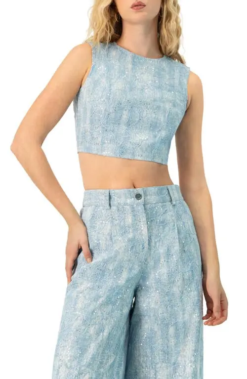 IVONNE Sleeveless Embroidered Denim Crop Top - Blue