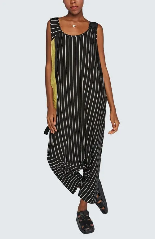 LUUKAA Striped Viscose Jersey Jumpsuit With Taffeta Sash - Black
