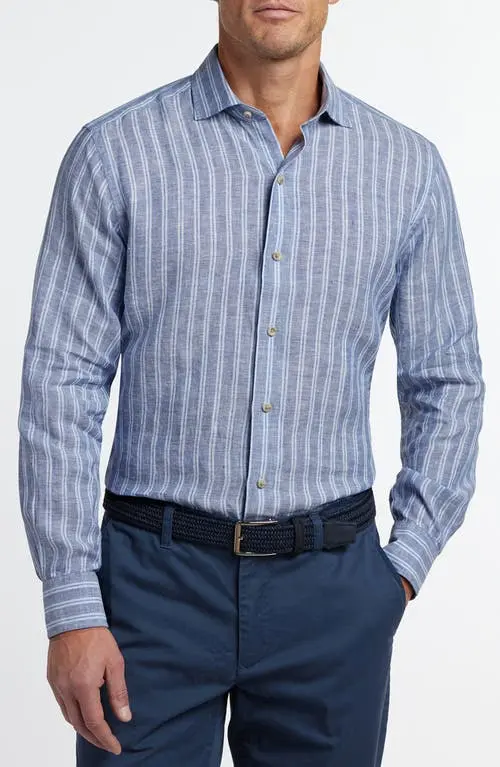 David Donahue Stripe Slub Linen Button-up Shirt - Navy/sky