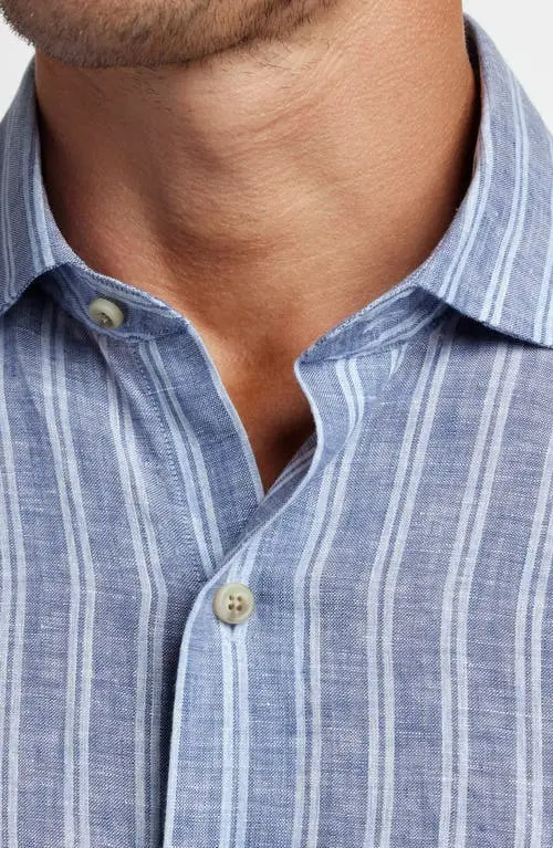 David Donahue Stripe Slub Linen Button-up Shirt - Navy/sky