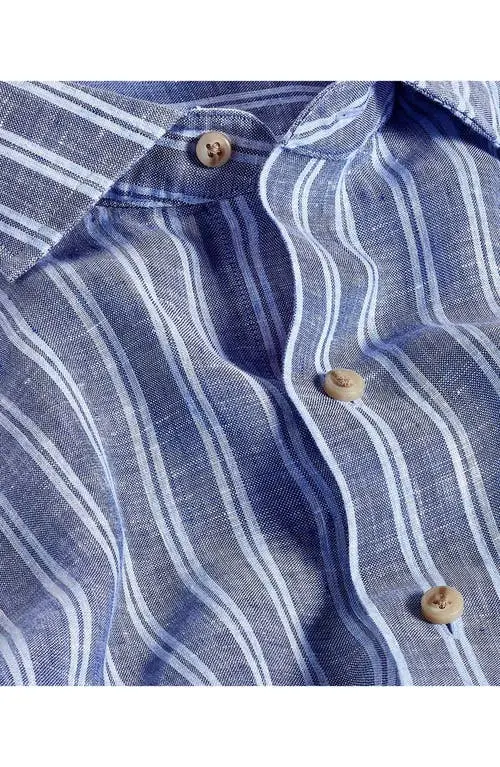David Donahue Stripe Slub Linen Button-up Shirt - Navy/sky