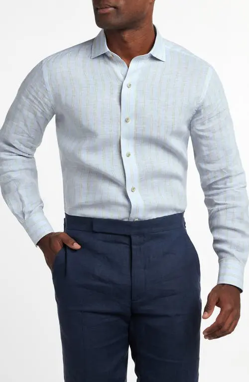 David Donahue Stripe Slub Linen Button-up Shirt - Sky/dune