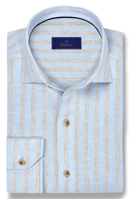 David Donahue Stripe Slub Linen Button-up Shirt - Sky/dune